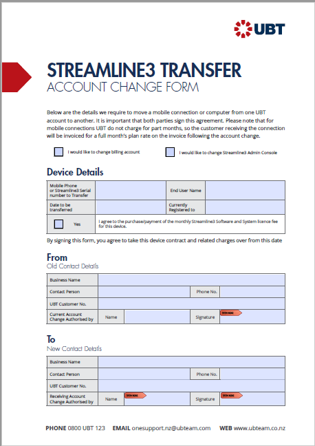 Streamline3 Device Account Change Form – UBTNZ | Support